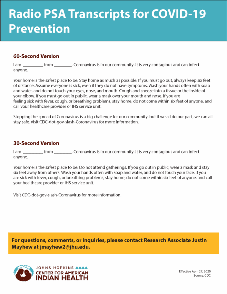 COVID-19 Prevention Radio Transcript - Johns Hopkins Center for ...