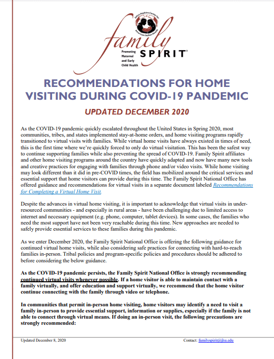 Family Spirit Recommendations for Completing Home Visit During COVID-19 - Center for Indigenous ...