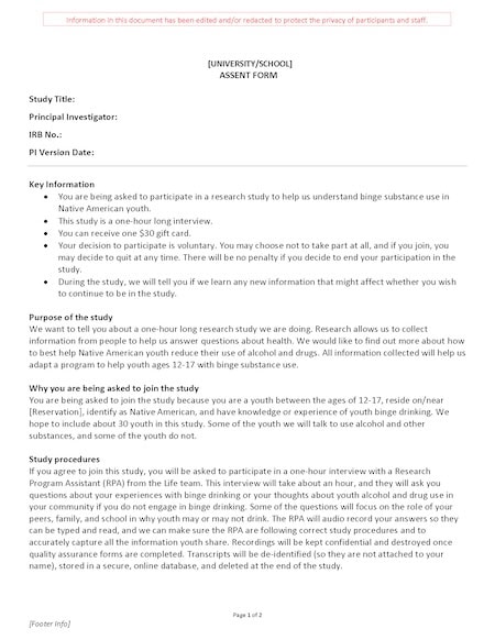 Multiphase Youth Assent Form Examples - Center for Indigenous Health